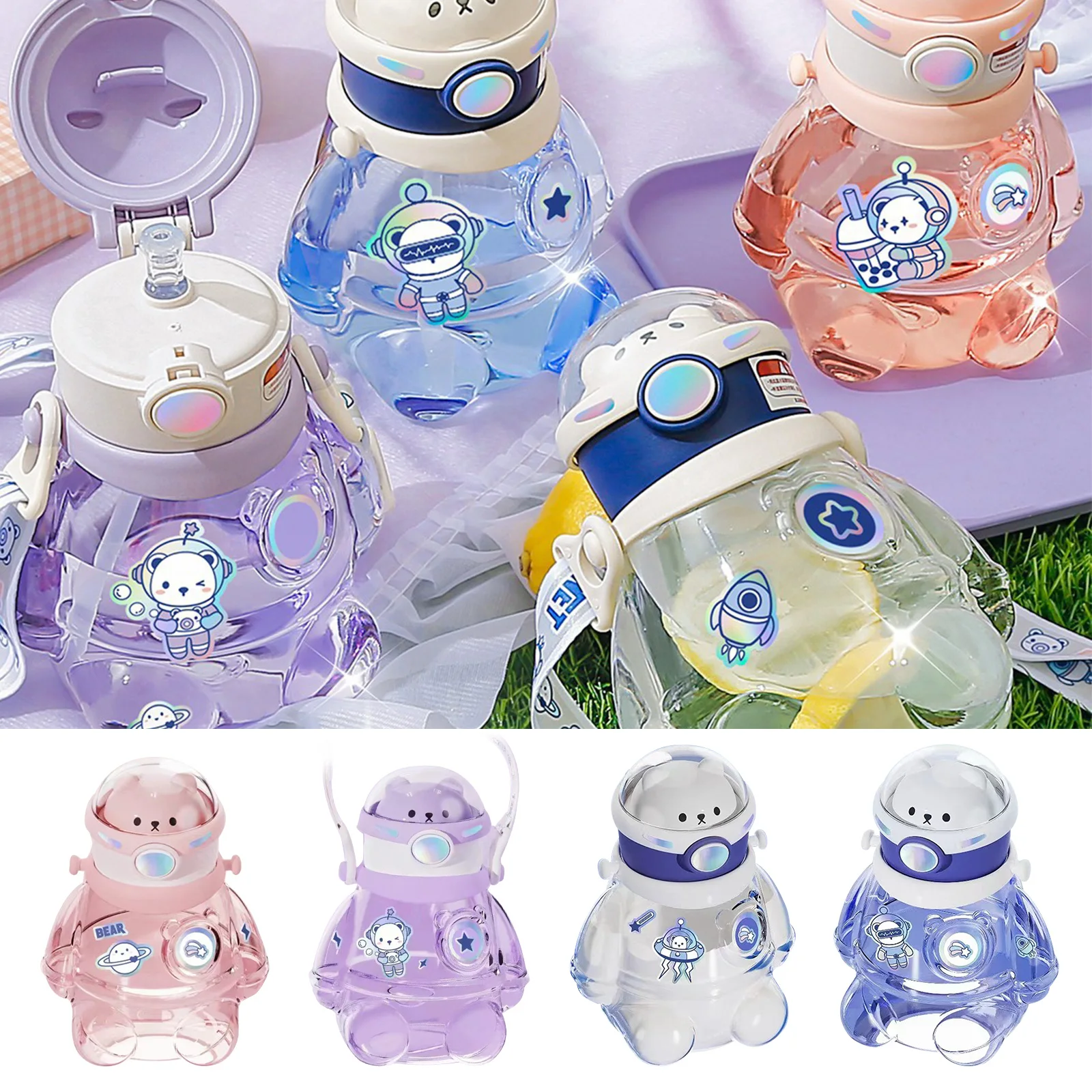 1 Liter Cute Girls Water Bottle With Straw Strap Big Belly Cup Sports ...