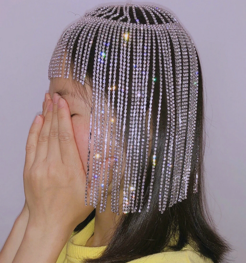 Rhinestone Headpiece Crystal Flapper Cap Headpiece Bridal Tassel Cap ...