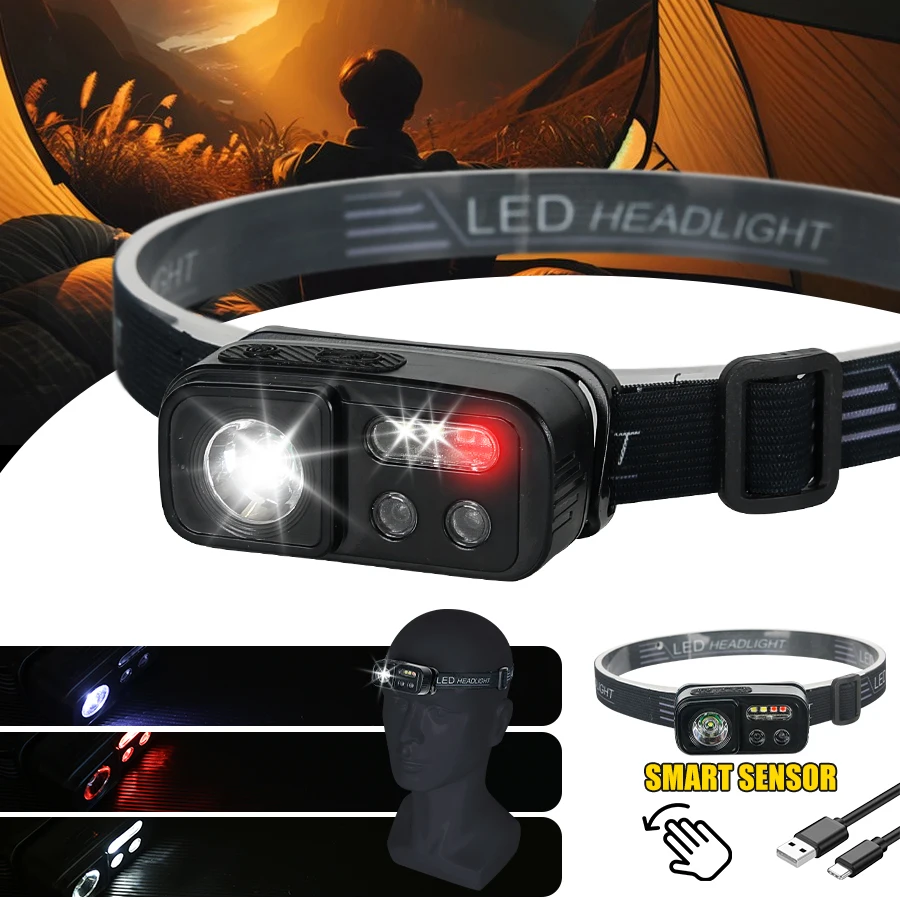 800Mah-COB-LED-Head-Flashlight-Motion-Sensor-Type-c-Rechargeable ...