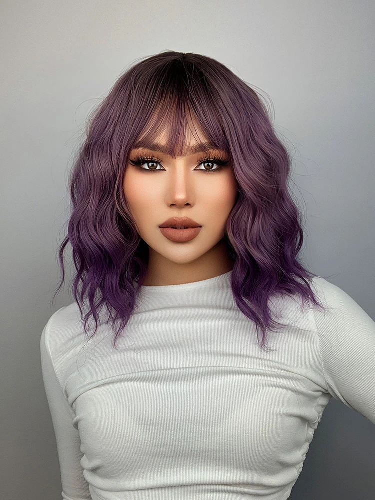 Purple Ombre Short Bob Body Wave Synthetic Wigs For Women Cosplay Wig With Bangs White Synthet ...