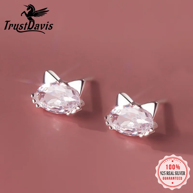 TrustDavis 925 Sterling Silver Sweet Cute Cat Rabbit CZ Stud Earrings ...