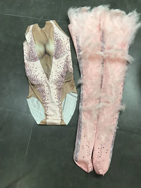 Pink Feather Women Singer Costume Rhinestone Bodysuit Fluffy Coat ...