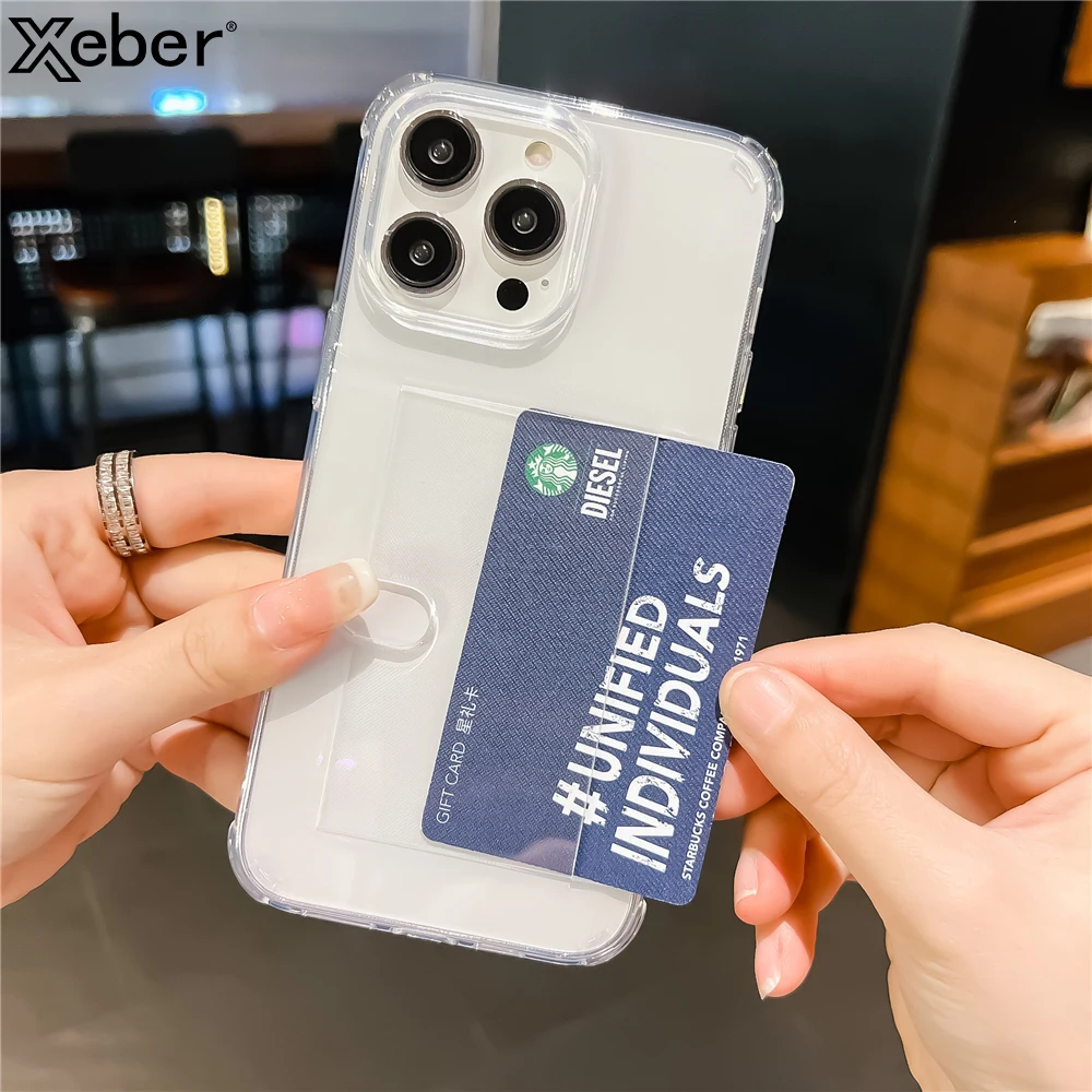Transparente slot cartão carteira caso de telefone para iphone 14 pro max 13 12 11 xs max xr x ...