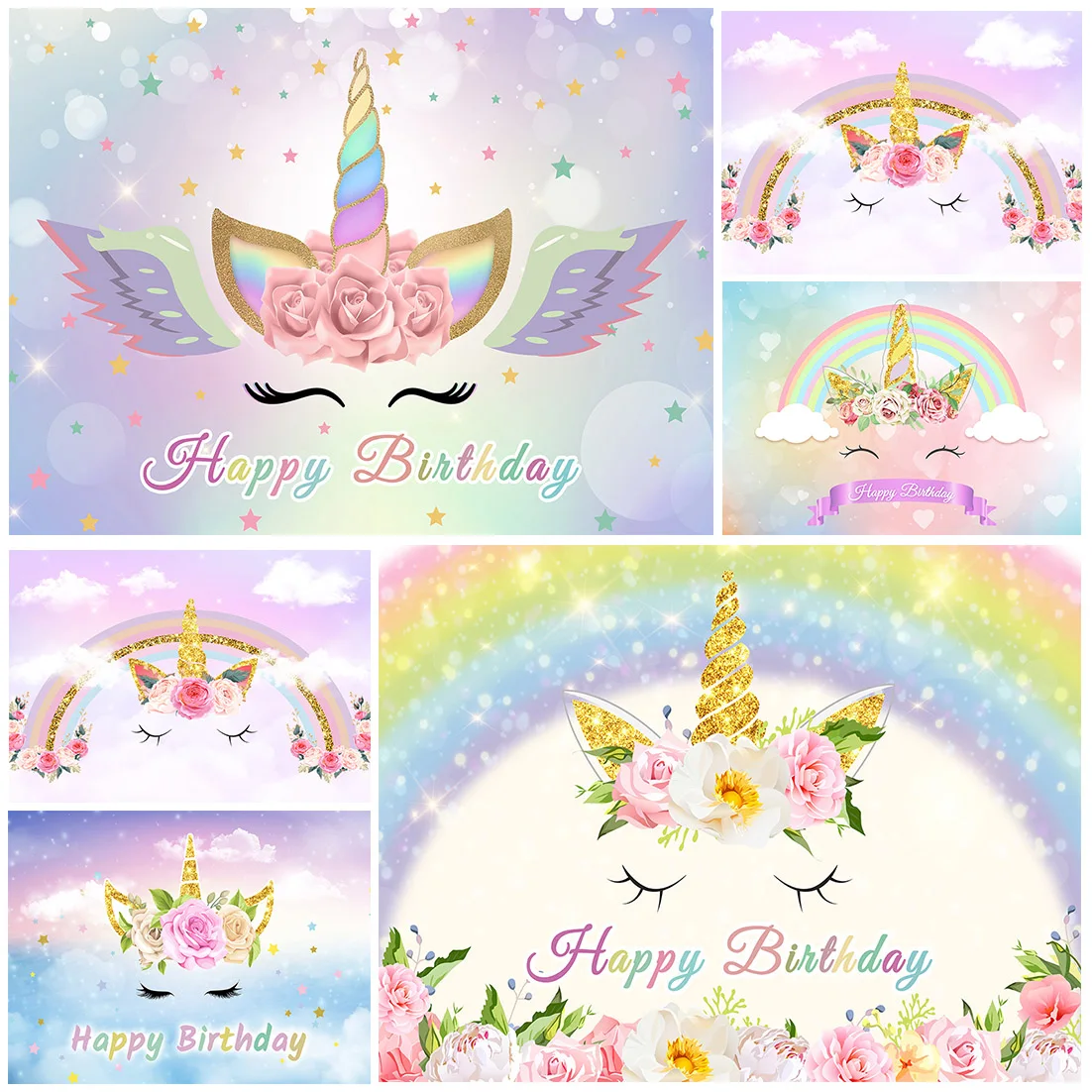 Gold-Glitter-Rainbow-Unicorn-Birthday-Backdrop-Happy-Birthday-Party ...