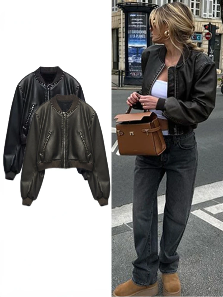 Women-Washed-Gradient-Leather-Round-Neck-Long-Sleeves-Loose-Jacket ...