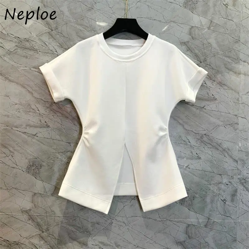Neploe Hem Split Design Tees French Simple Elegant O-Neck Flying Sleeve ...