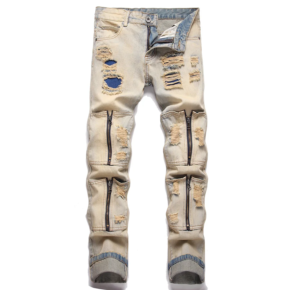Men-Zippers-Ripped-Denim-Jeans-Holes-Distressed-Patchwork-Pockets-Cargo ...