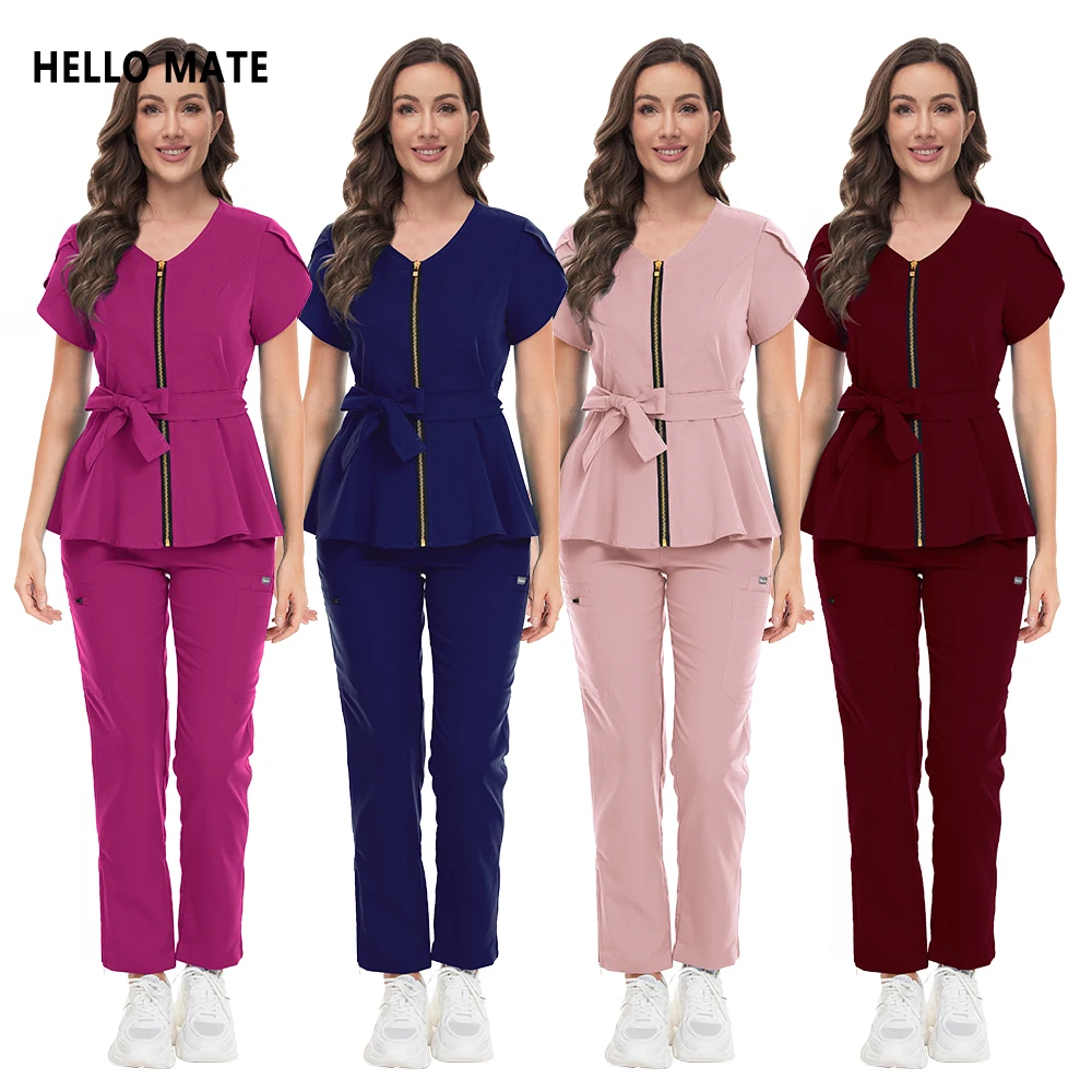 Stylish Beautician Workwear Medical Nurse Uniforms V-neck Top Straight ...