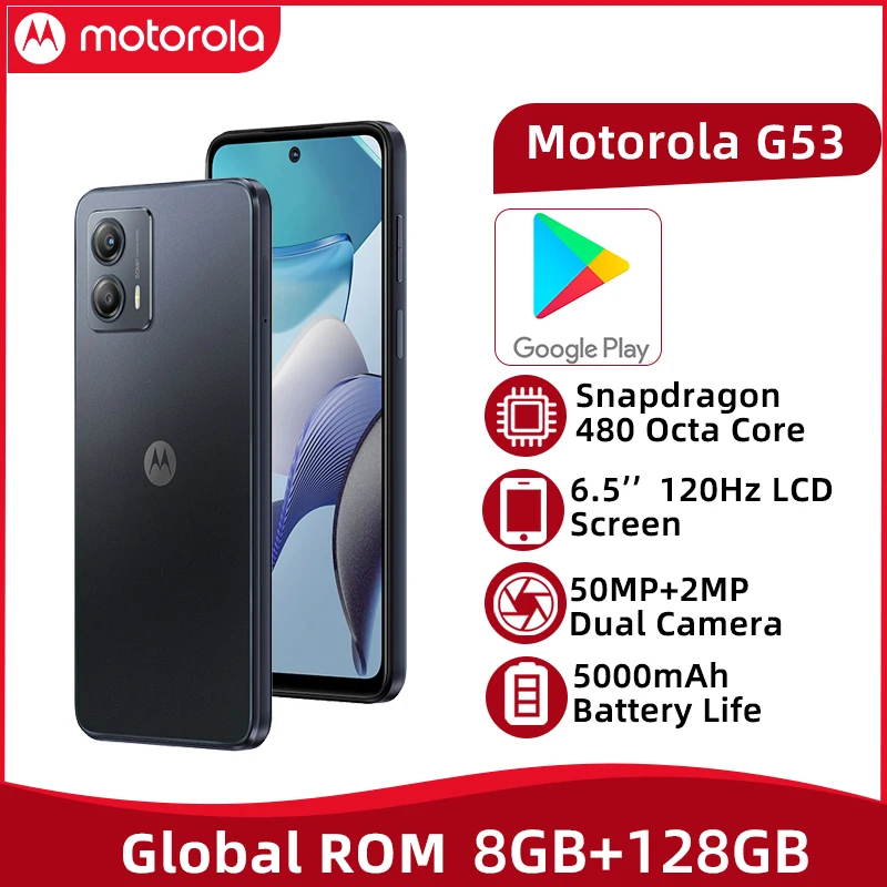 글로벌 롬 모토로라 G53 휴대폰, 6.5 인치 120Hz LCD 스크린, 스냅드래곤 480 스마트폰, 50MP 카메라 ...