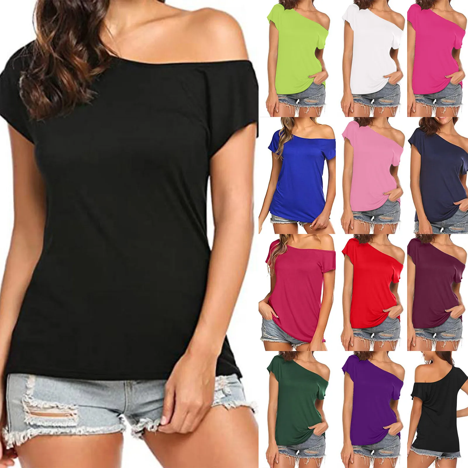 Camiseta-de-moda-de-verano-para-mujer-ropa-informal-lisa-con-un-hombro ...