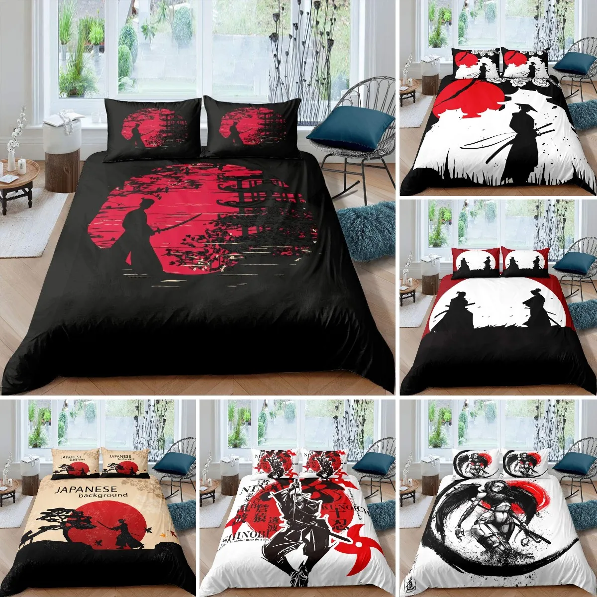 Japanese Samurai Bedding Set King/queen/full Size,japan Sunset Scenery ...