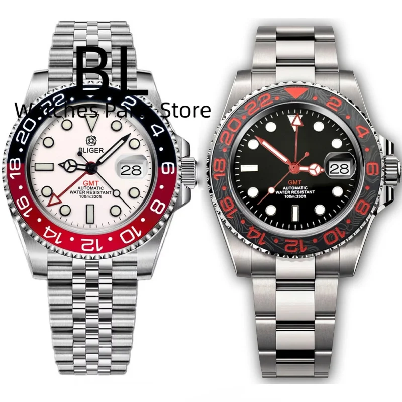 BLIGER 40mm Customizable Logo Black White Dial Red GMT Watch For Men ...