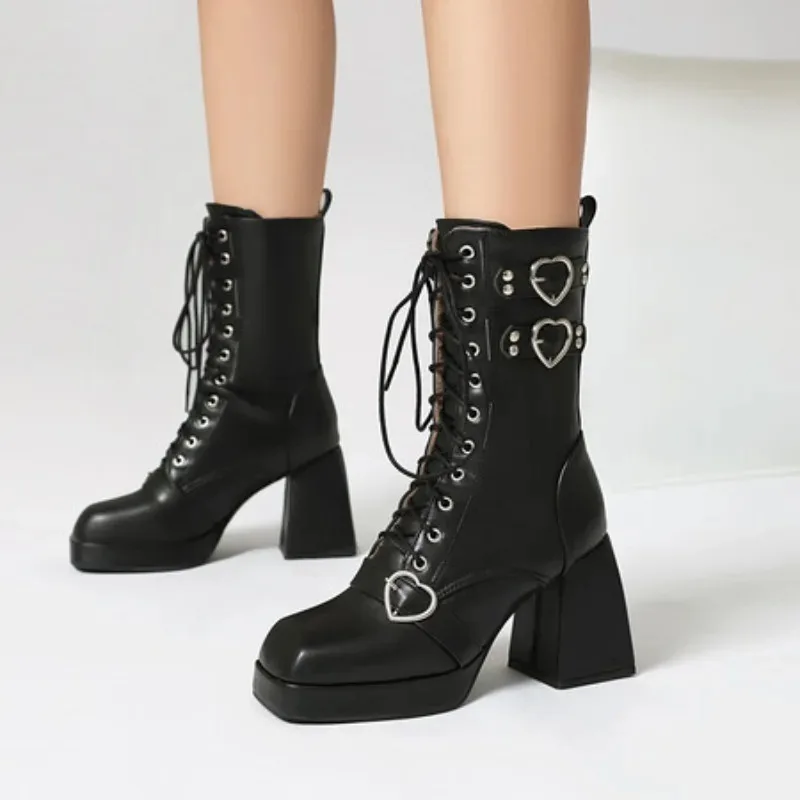 9cm Square Heel Waterproof Platform Short Boots Heart-shaped Metal ...