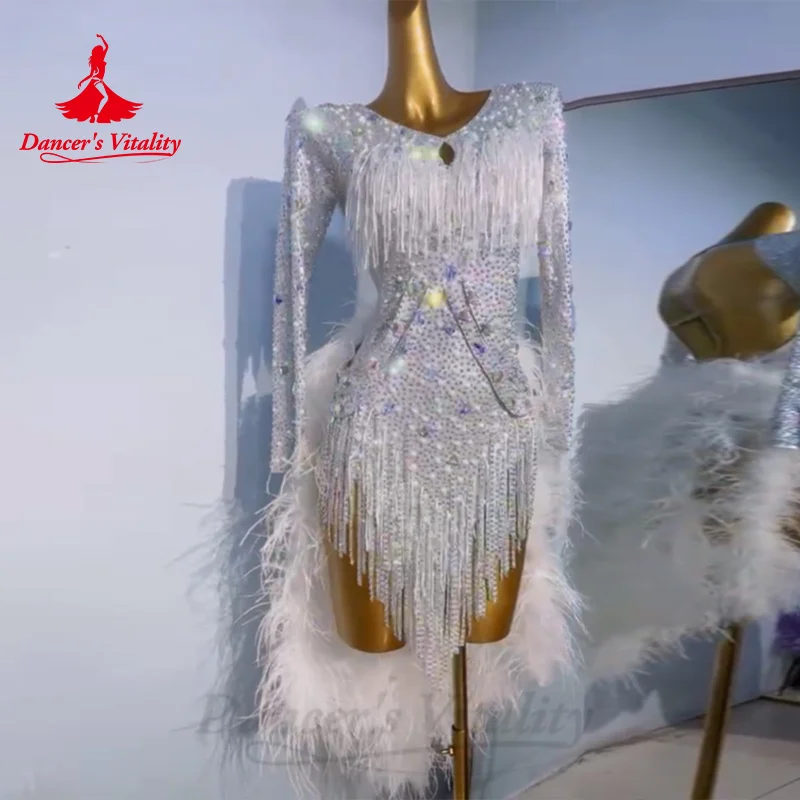 Latin-Dance-Competition-Uniform-Senior-Luxury-Rhinestone-Feather-Tassel ...