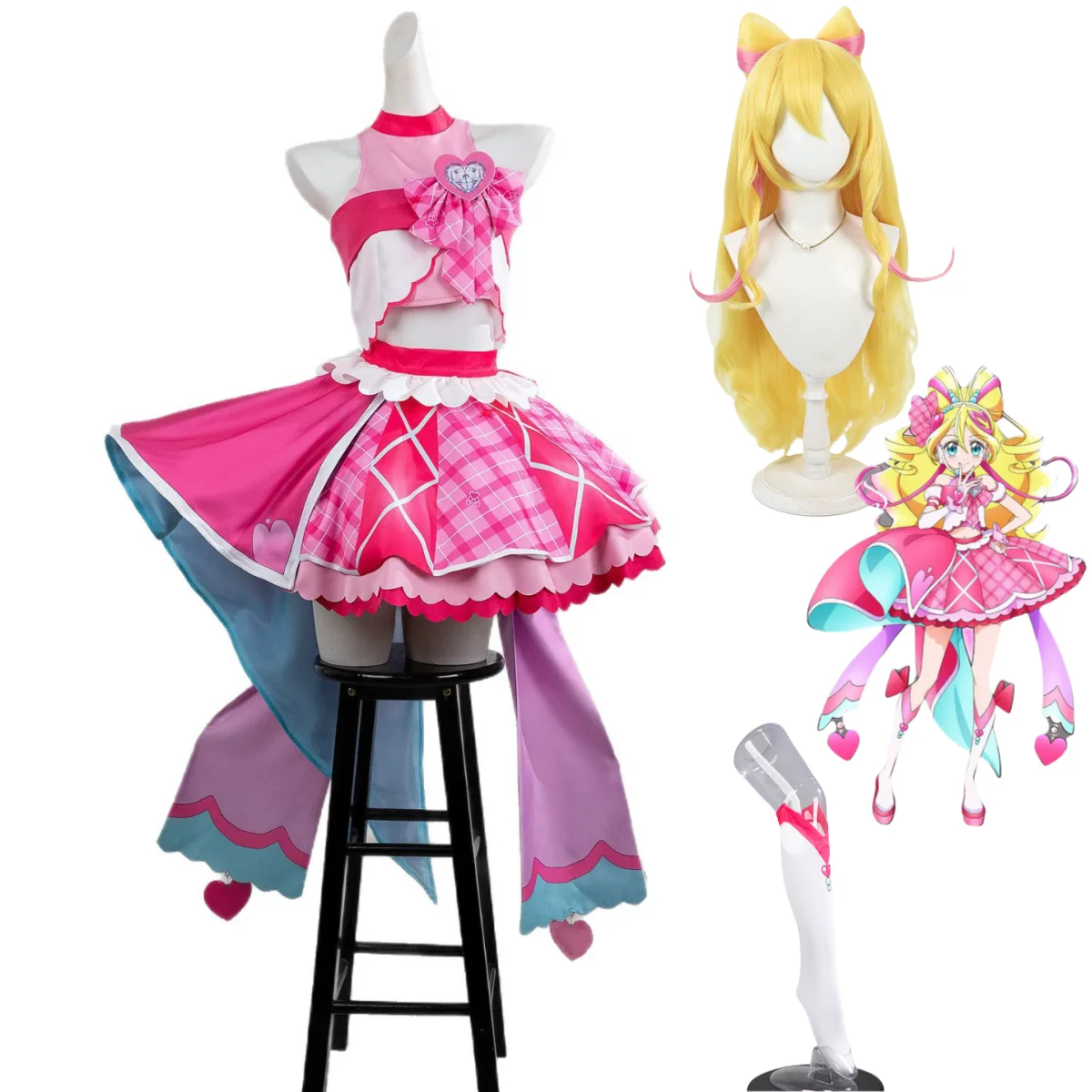 Anime You and Idol Precure Sakura Uta Cosplay Costume Pink Grid ...