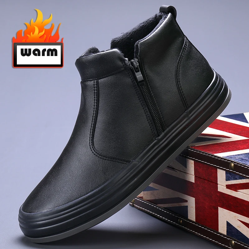 New Men Winter Warm Leather Boots Warm Plush Inside High Top Casual ...