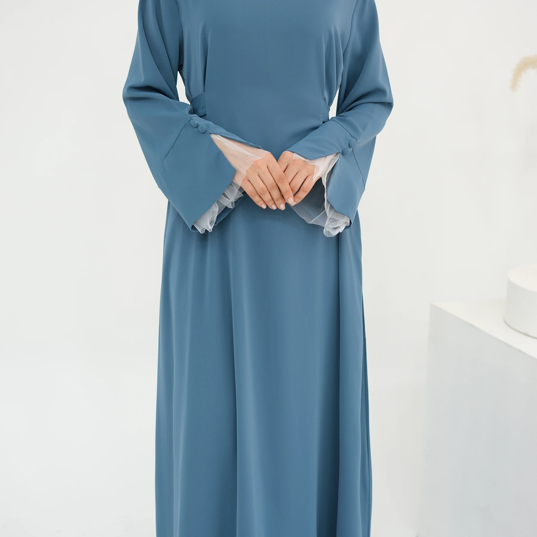 Elegant Muslim Long Women Dress, Layered Long Sleeves Integrated Belt ...