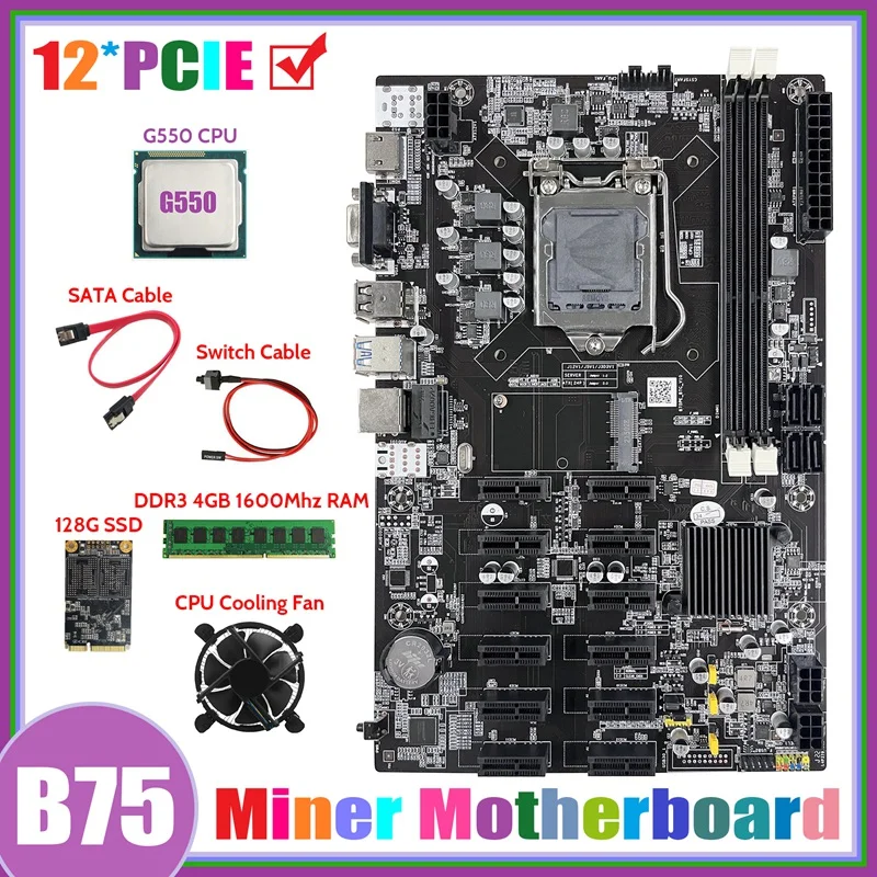 B75 12 Pcie Eth Mining Motherboard+g550 Cpu+ddr3 4gb 1600mhz Ram+128g Ssd+fan+sata Cable+switch ...