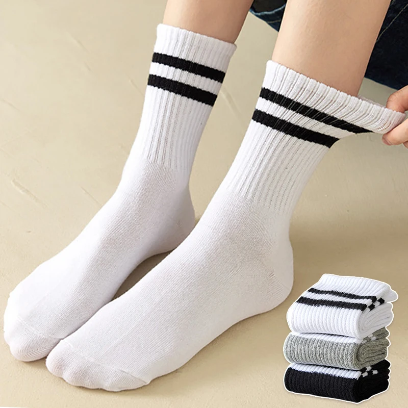 Solid Striped Black White Socks for Woman Street Hip Hop Skateboard Striped Mid Tube Socks ...
