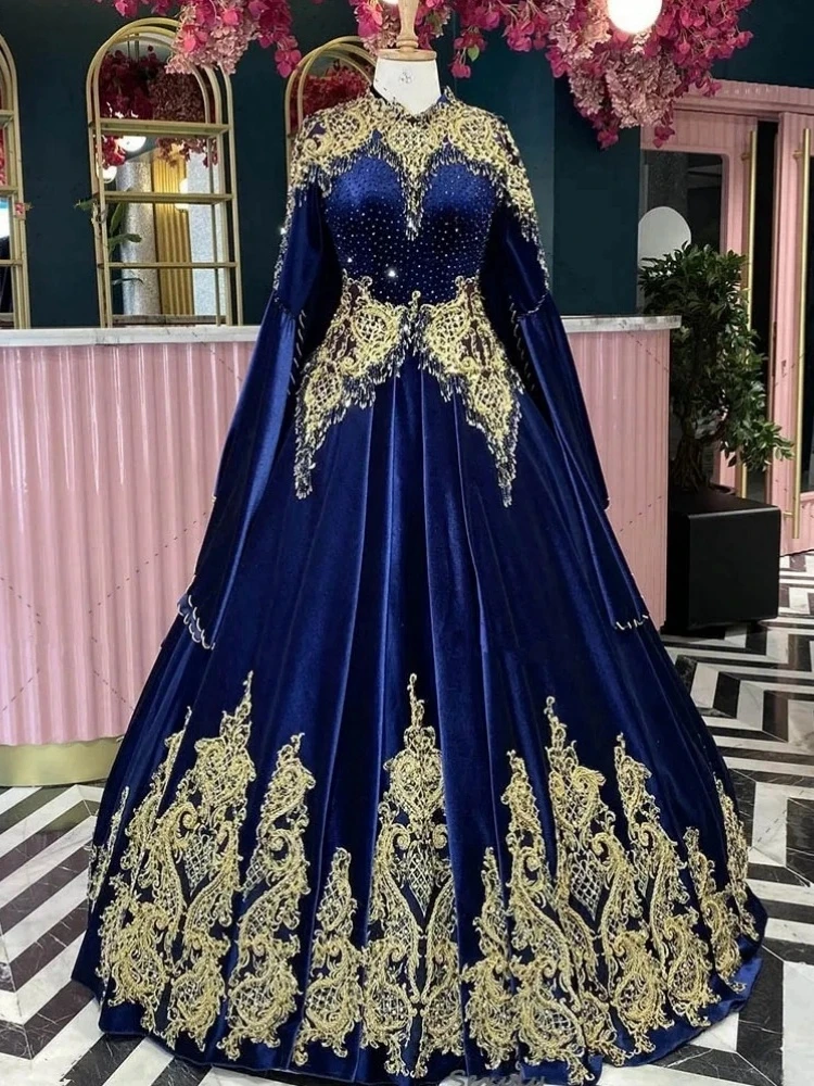 Real-Luxurious-Royal-Blue-Morrocan-Evening-Dresses-Muslim-High-Neck ...