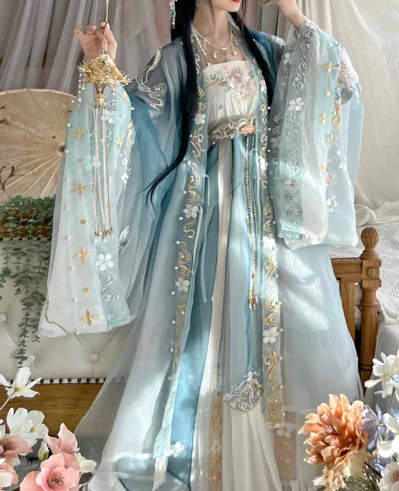 Hanfu vestido feminino gradiente azul de alta qualidade bordado ...