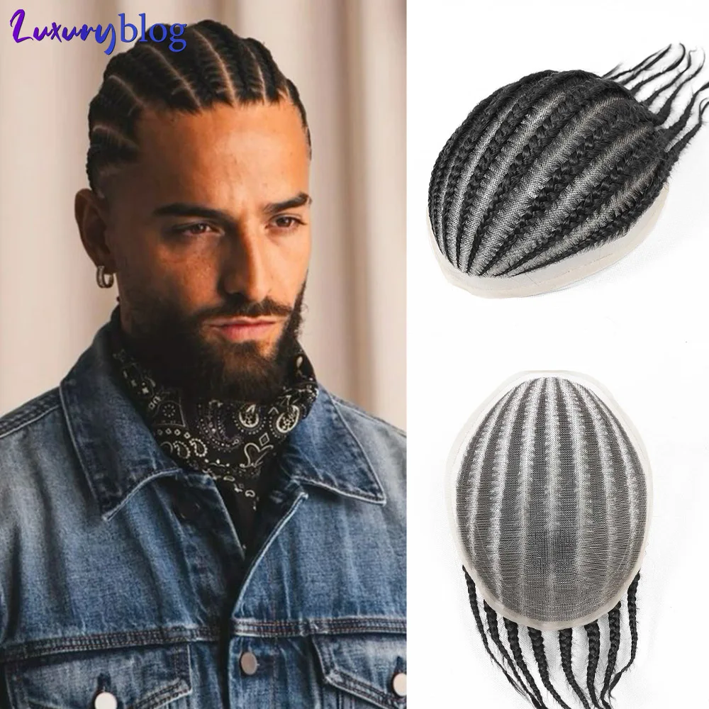 Cornrow Braided Men's Toupee 100% Human Hair Breathable Full Lace Box ...
