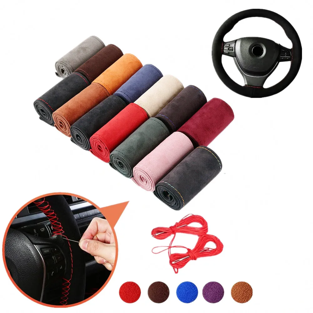 38cm Suede DIY Steering Wheel Cover Genuine Leather Braided Car ...