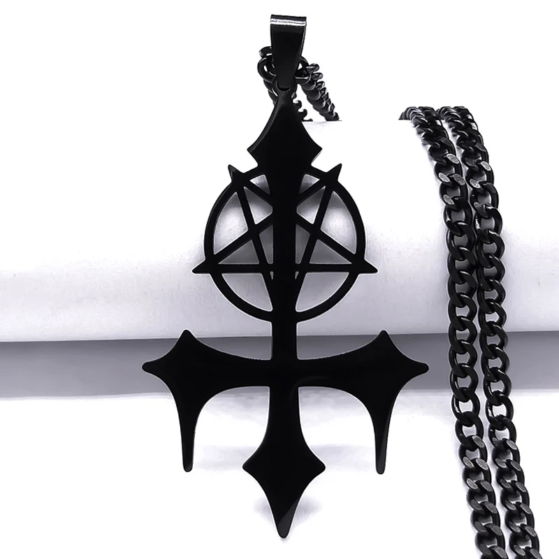 Pentagram Sigil Church of Satan Fork Cross Necklace Stainless Steel ...