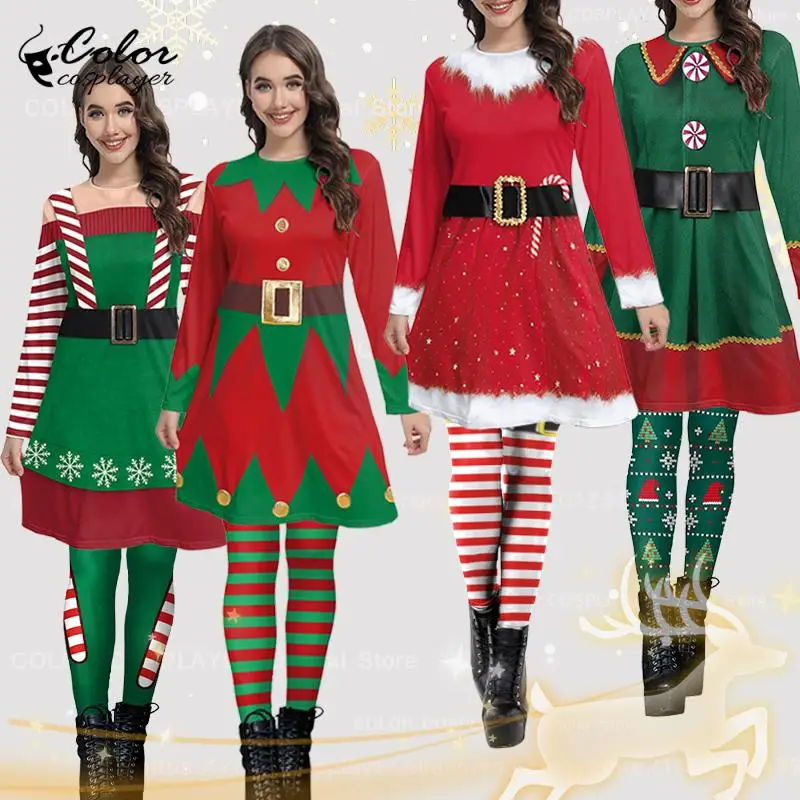 Color Cosplayer Elf Dress Suit Christmas Leggings Women Santa Claus ...