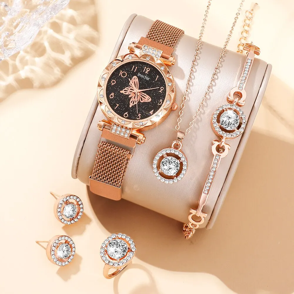 Rose-Gold-Luxury-Watch-Women-Ring-Necklace-Earring-Rhinestone-Fashion ...