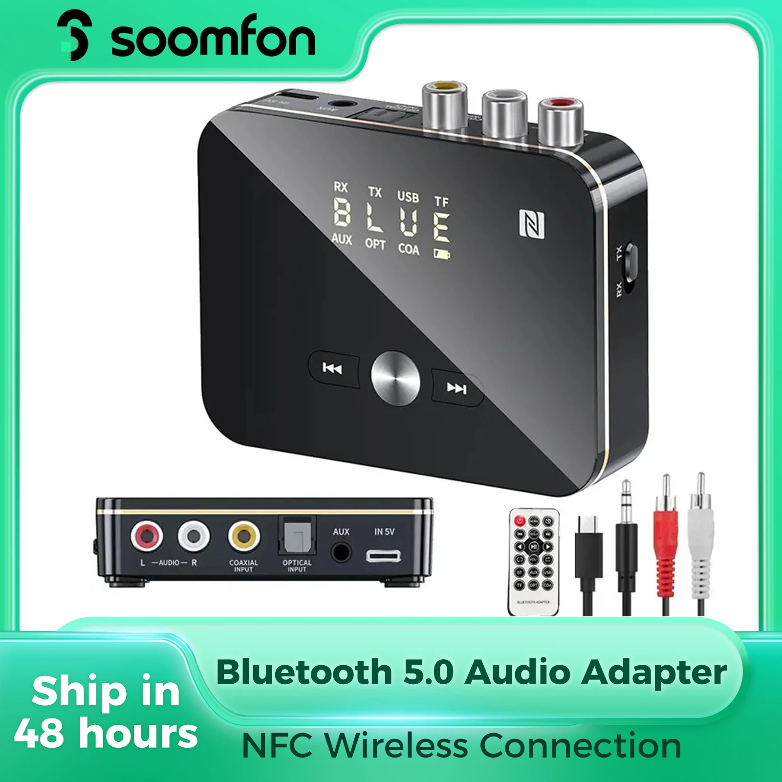 SOOMFON NFC Bluetooth 5.0 Transmitter Receiver Wireless Audio Adapter for TV PC with 3.5mm RCA ...