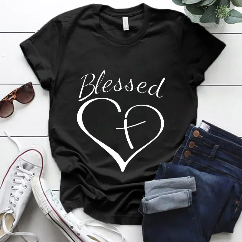 Blessed Cross and Heart Christian T Shirt Grey TShirt Top Harajuku ...
