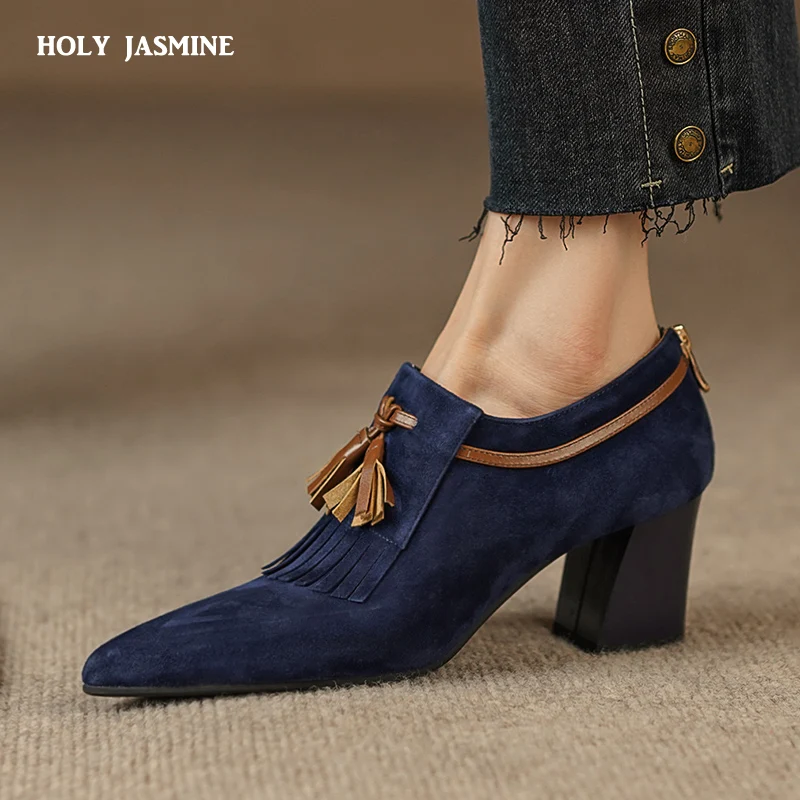 2023 Spring Women Shoes Pointed Toe Chunky Heel Women Pumps Sheep Suede ...
