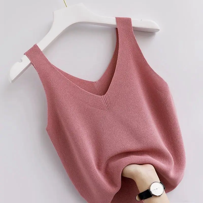 Camisola-de-ver-o-feminino-dentro-de-seda-gelo-coreano-com-decote-em-v ...