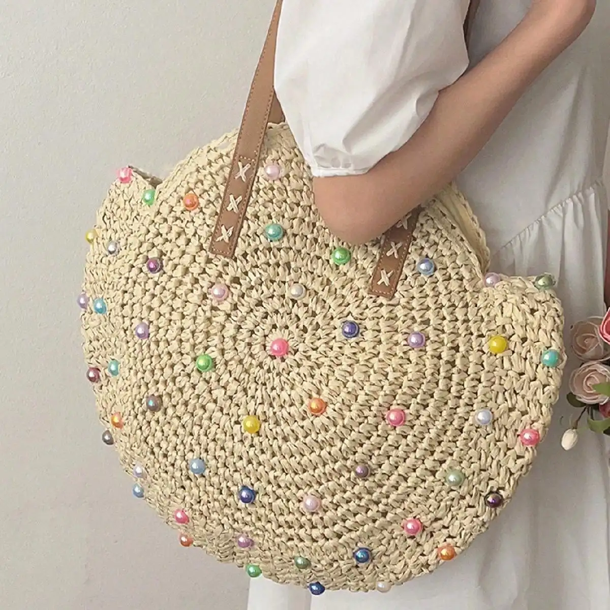 Colorful Pearl Straw Bag Hollow Woven Straw Bag Round Vacation Shoulder ...