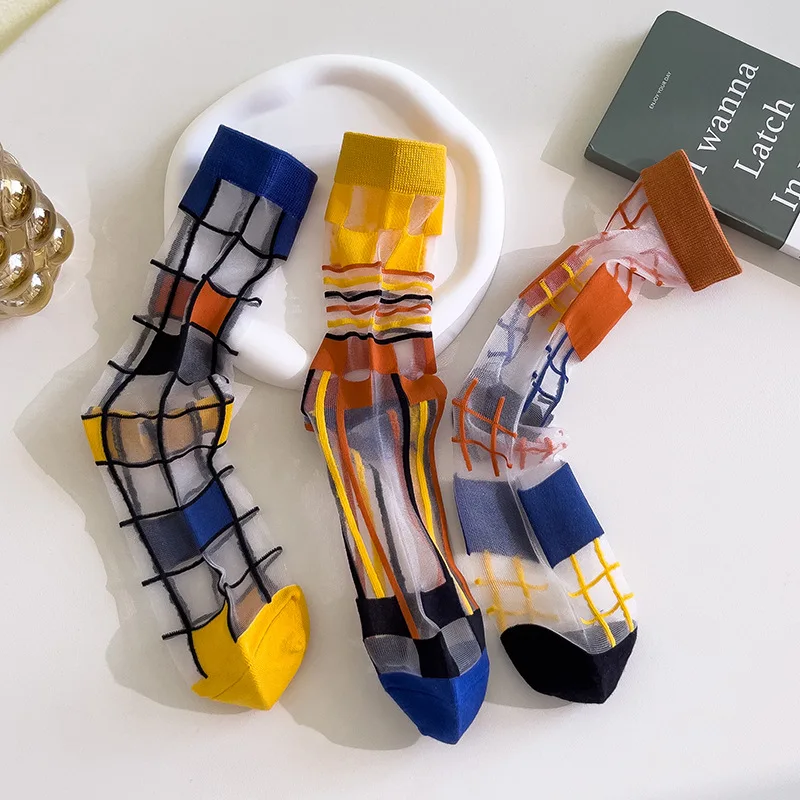 Calcetines-coloridos-de-seda-de-cristal-a-cuadros-para-mujer-medias ...