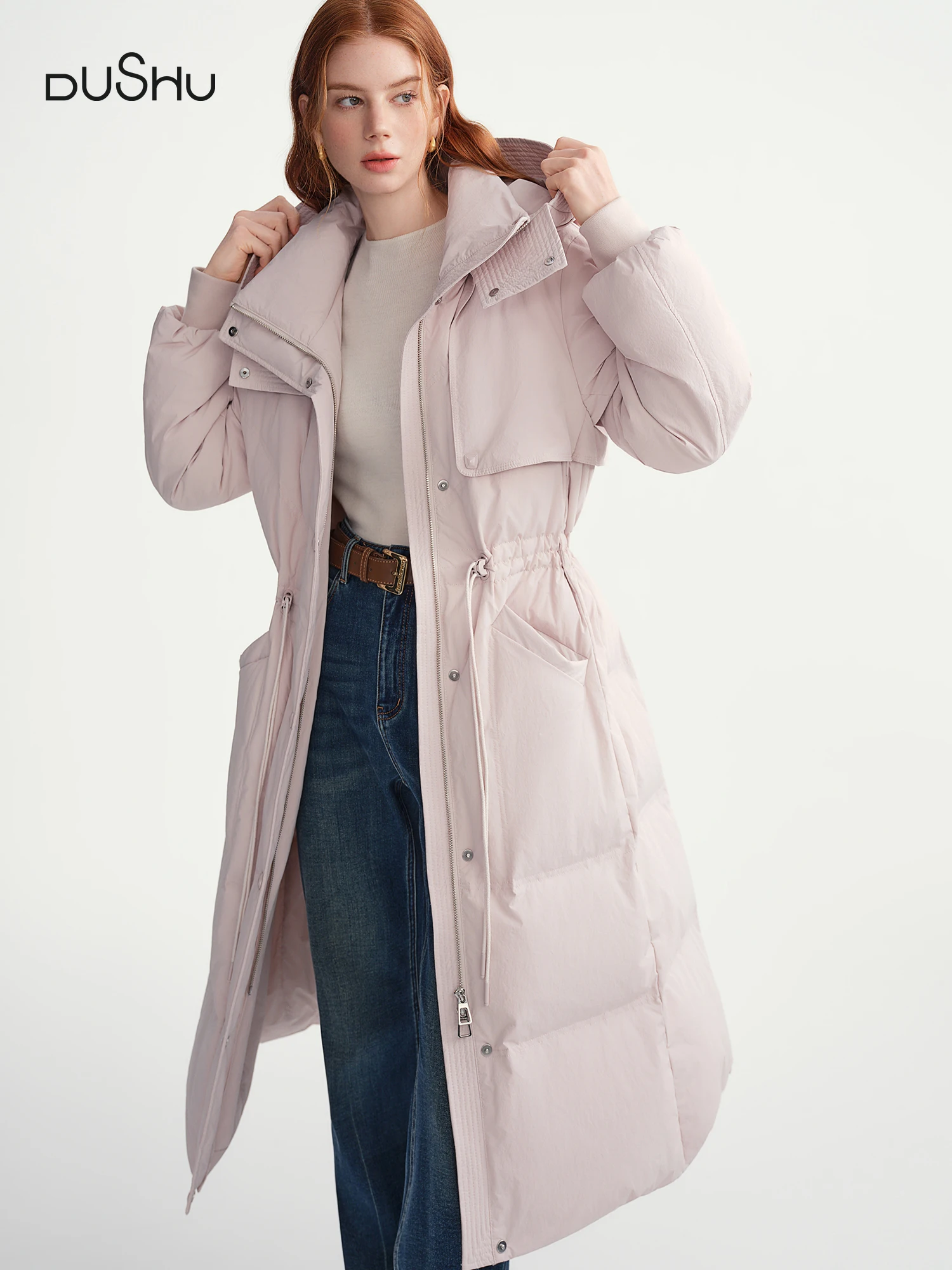 DUSHU 2025 Plus Women's Long Puffer Coat Hooded Belted Waist Down ...