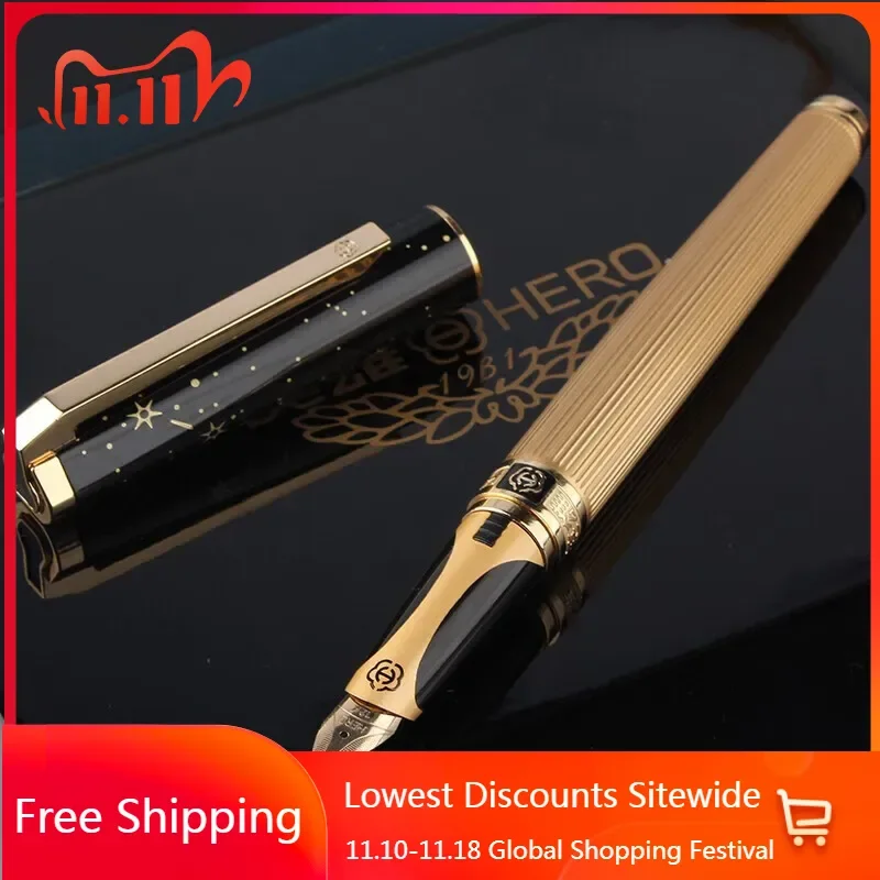 HERO 12K Metal Stripes Fountain Pen 1085 Iridium Gold F 0.5mm Nib Ink ...