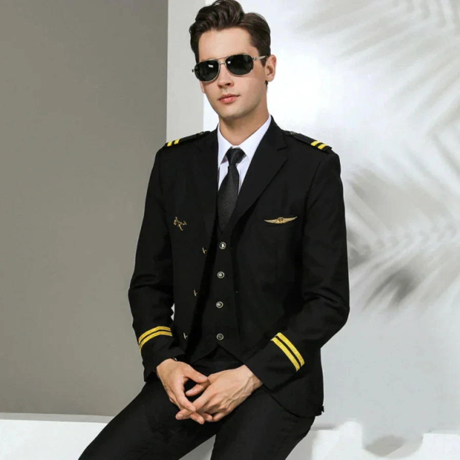 Men-s-2-Lines-Airline-Pilot-Suit-Jackets-Uniforms-Hair-Stylist-Black ...