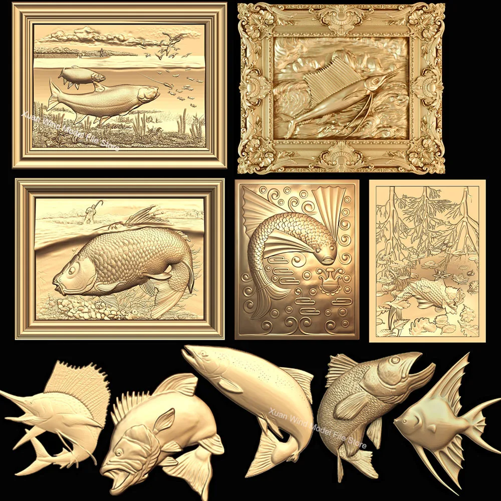 10pcs-Fish-Relief-Decor-STL-3D-Model-for-CNC-Router-Carving-and ...