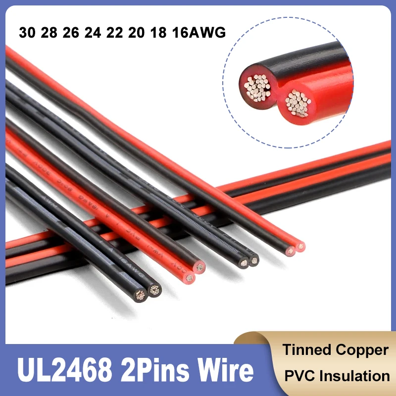 2~100M Red Black UL2468 2Pin Wire 30 28 26 24 22 20 18 16AWG Electronic ...
