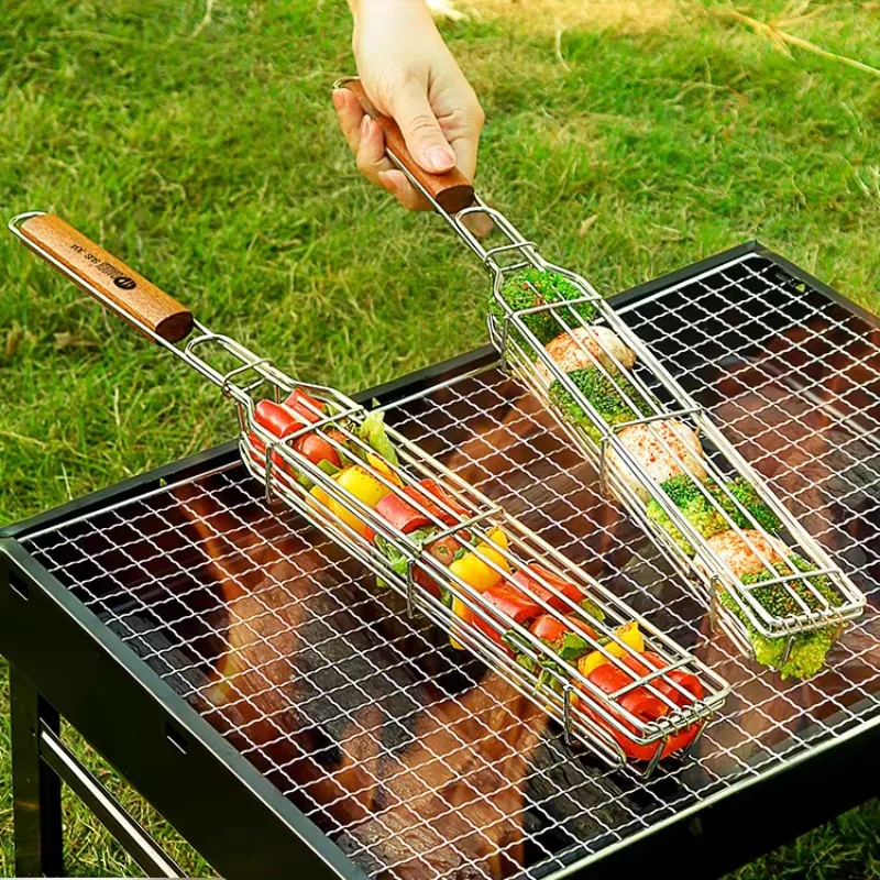 Outdoor-Wooden-Handle-Barbecue-Cage-Camping-Meat-and-Vegetable-Barbecue ...