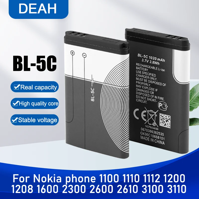 Batería de litio recargable BL-5C BL 5C BL5C, 3,7 V, 1020mAh, para Nokia 1100, 1110, 1200, 1208 ...