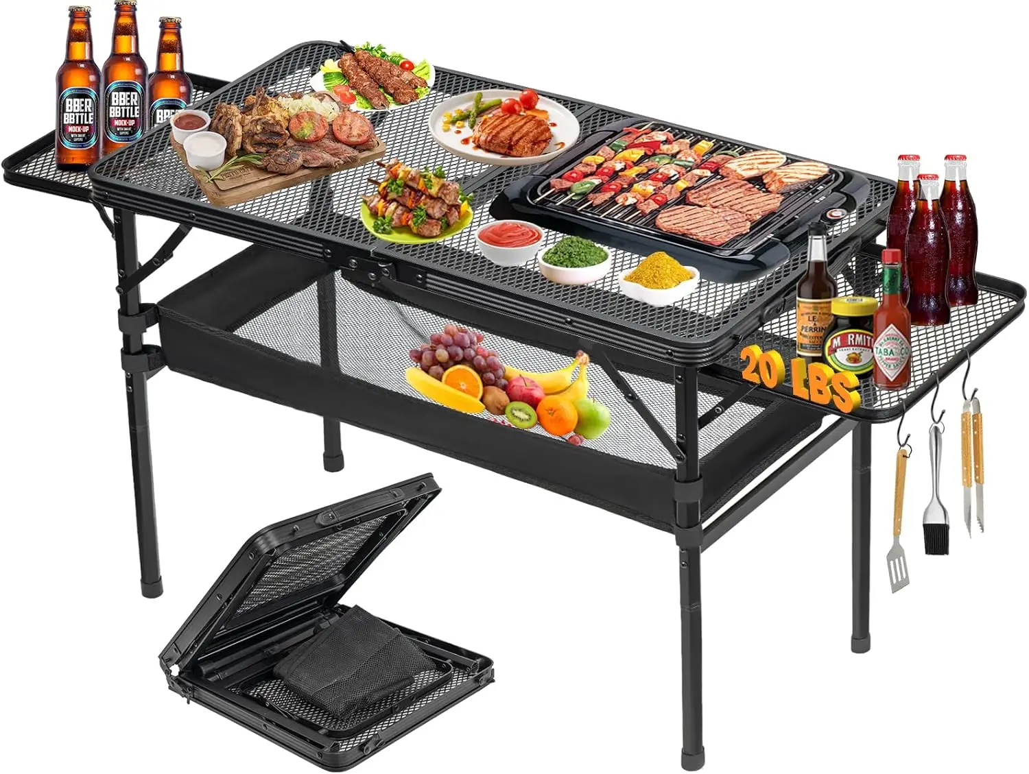 Folding-Grill-Table-with-2-Wing-Panels-Camping-Picnic-Table-Two-Heights ...