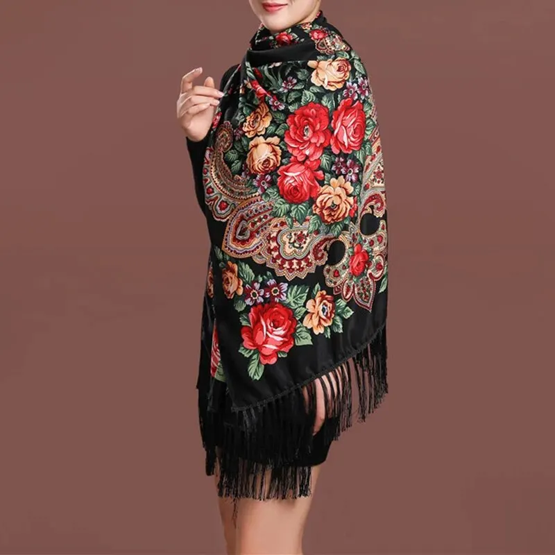 Flower-Print-Black-Tassel-Scarf-Vintage-Windproof-Shawl-Women-Outdoor ...