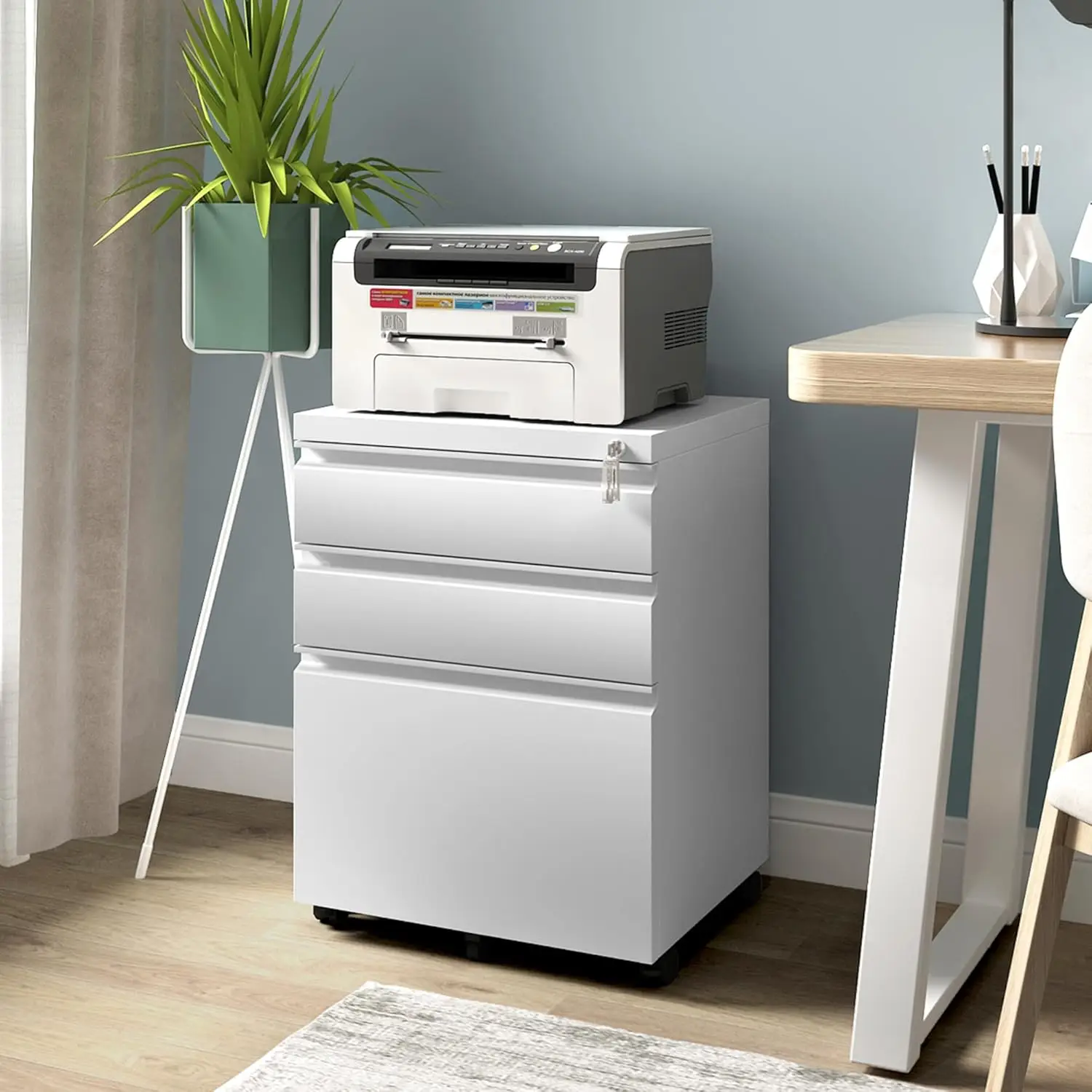 White Mobile File Cabinet for Home Office Lockable 3 Drawer Filing ...