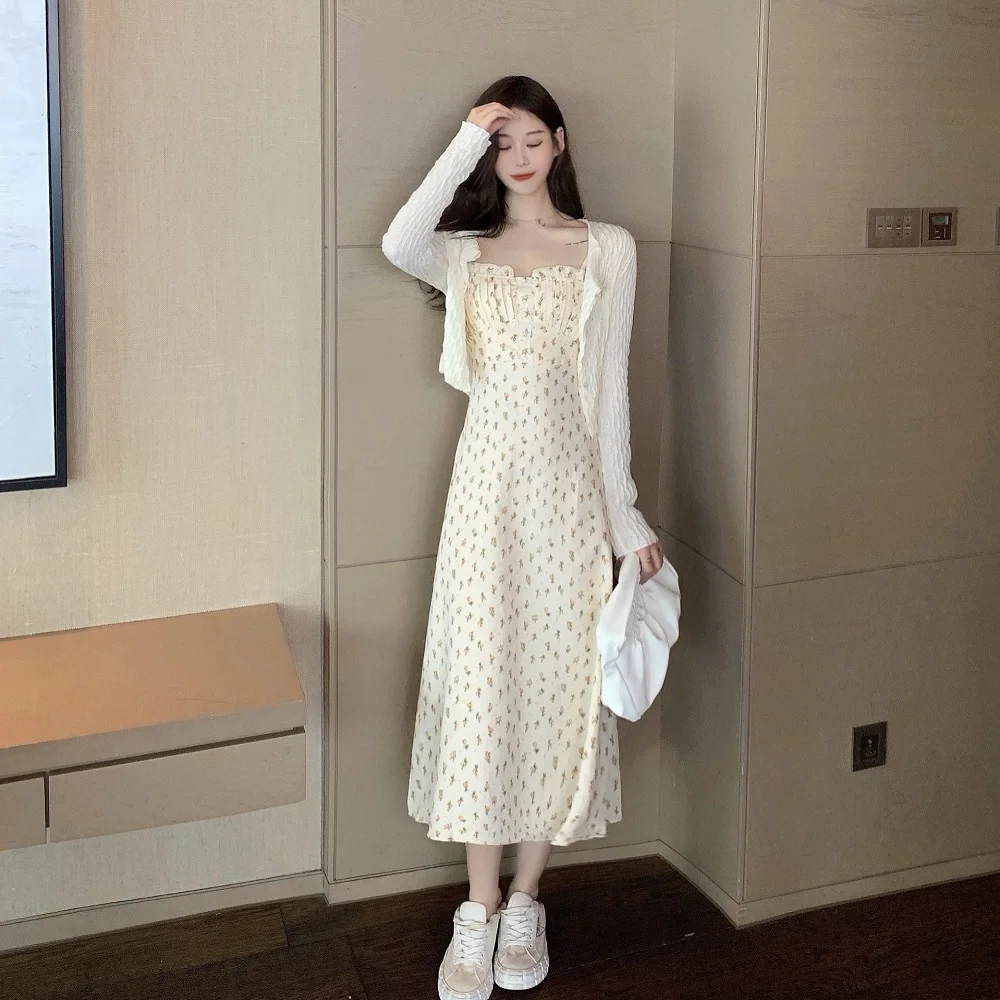 배 모양의 통통한 드레스 여성 여름 선스크린 가디건 서스펜더 스커트 신선한 드레스 복장 플로랄 스커트 프렌치 드레스