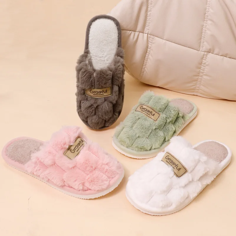 Winter New Hexagonal Fluffy Slippers Indoor Home Cotton Slippers Thi ...