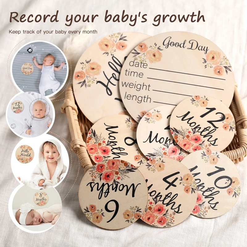 6-2Pcs-Set-Flower-Double-Sided-Wooden-Baby-Engraved-Age-Photography ...