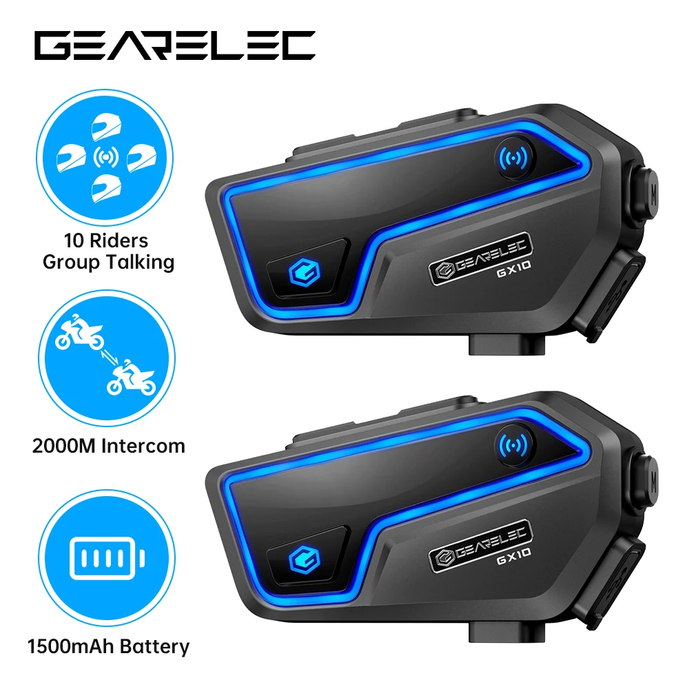 GEARELEC GX10 Bluetooth Motorcycle Intercom Helmet Headset 10 Riders ...